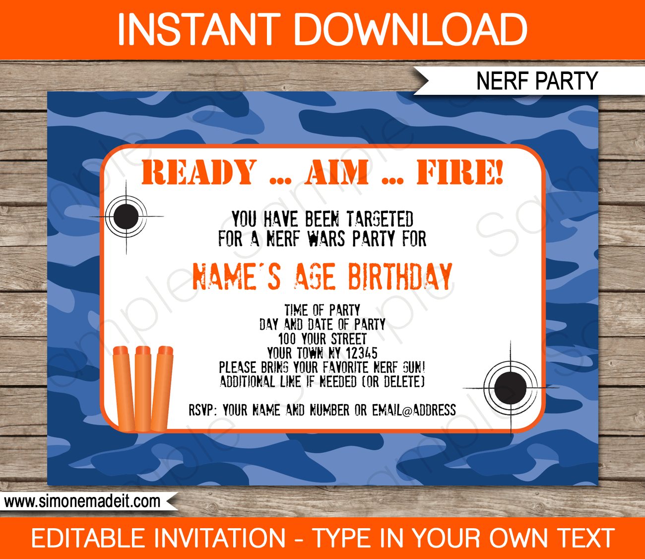 Nerf Birthday Party Invitations Editable Template Blue Camo
