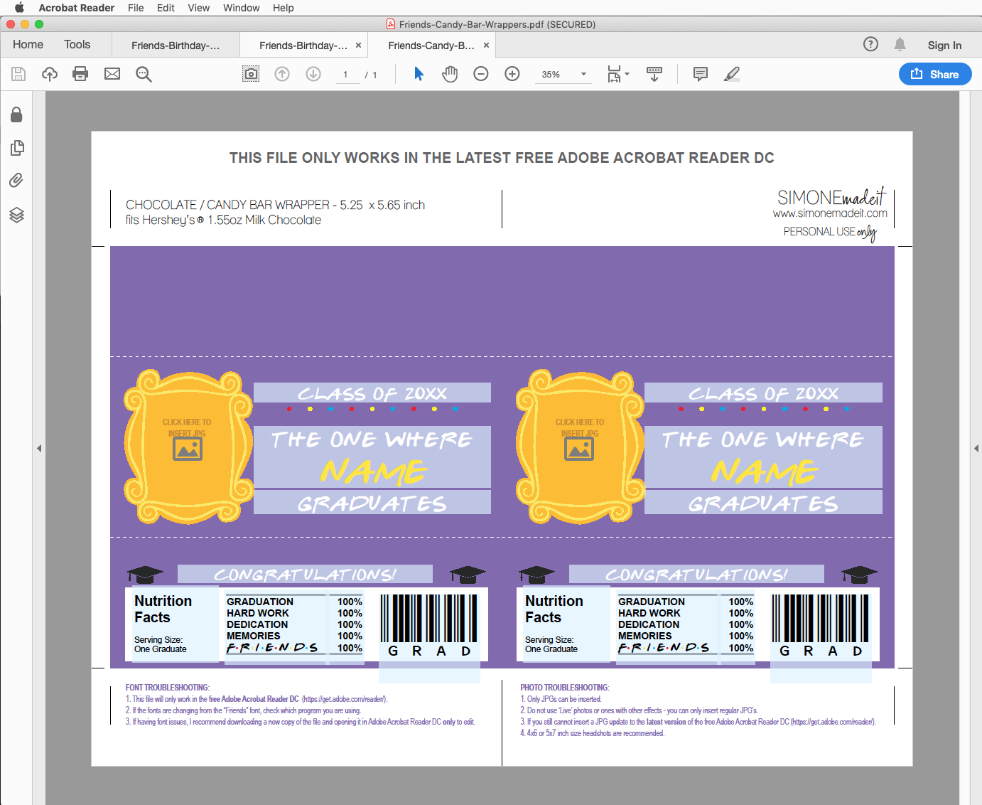 Friends TV Show Graduation Candy Bar Wrappers | The One Where Episode