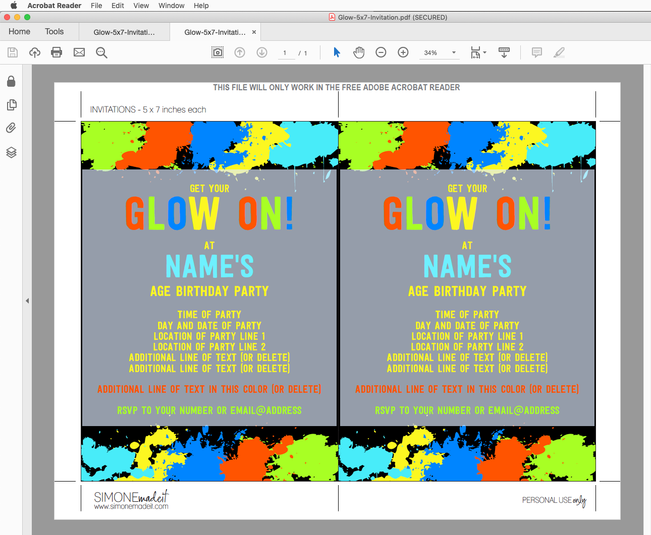 Neon Glow Birthday Invitation Template | Printable Neon Glow Party Invite