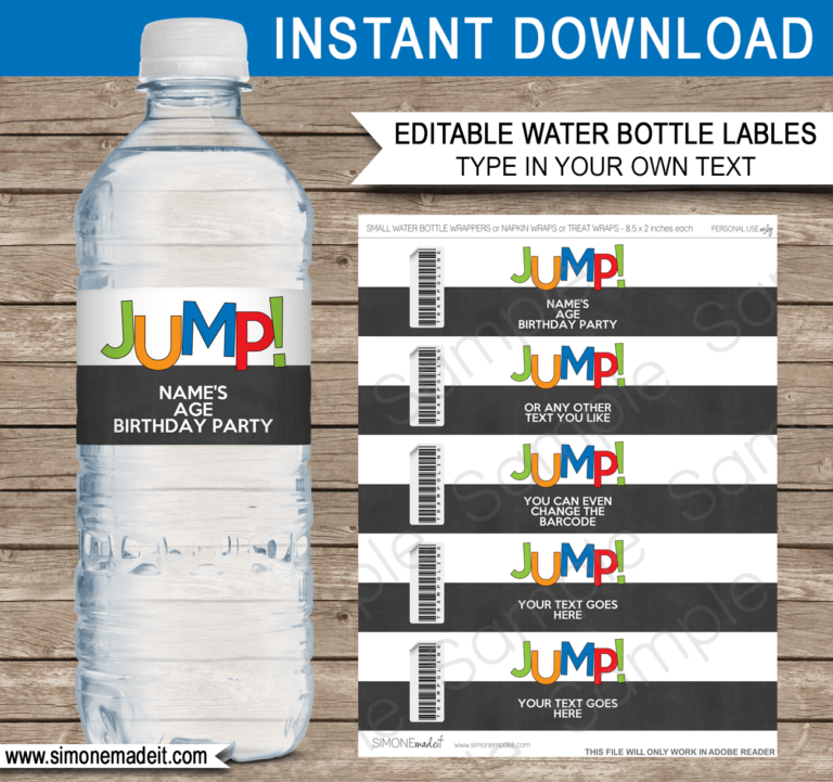 Trampoline Party Water Bottle Labels, Printable Birthday Party Decorations