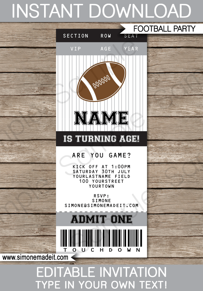 Black And Gray Silver Football Party Ticket Invitation Template