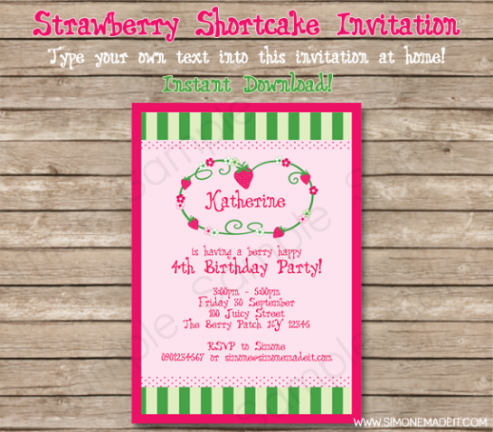 Strawberry Shortcake Party Invitations Template | Printable Birthday ...