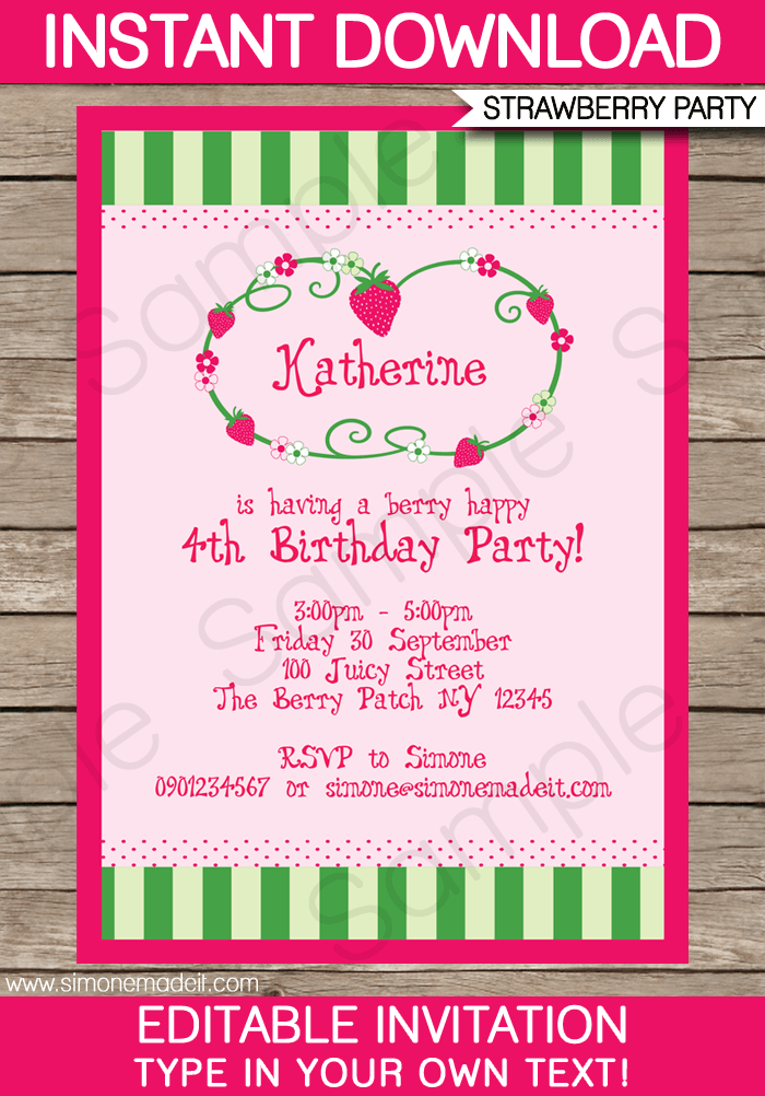 Strawberry Shortcake Party Invitations Template Printable Birthday 