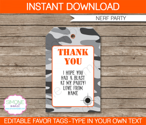 Nerf Party Favor Tags Template | Printable Thank You Tags | Editable Text