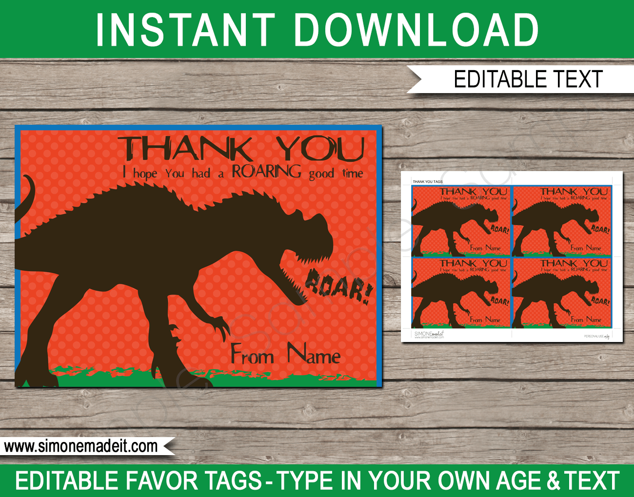 Dinosaur Birthday Party Favor Tags Thank You Tags