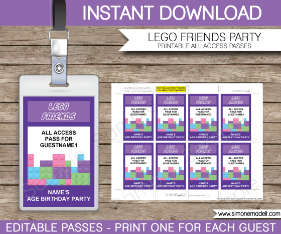 Lego Friends Party Passes template| Printable Birthday Party VIP Pass