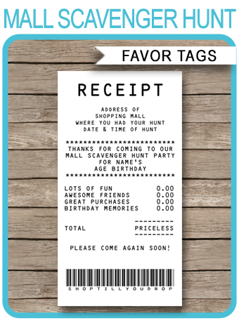 Mall Scavenger Hunt Party Receipt Favor Tags | Shopping Birthday Party