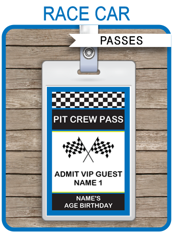 Race Car Birthday Party Pit Crew Passes template | Blue