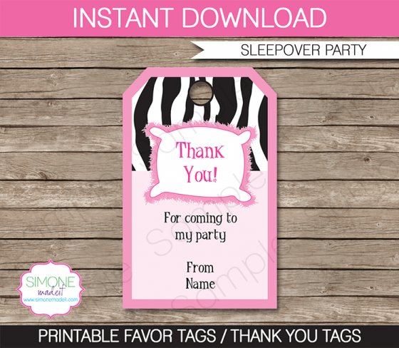 Sleepover Birthday Party Favor Tags Template | Printable Thank You Tags