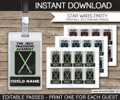 Star Wars Party Jedi Training Academy Passes | Birthday Party Favors