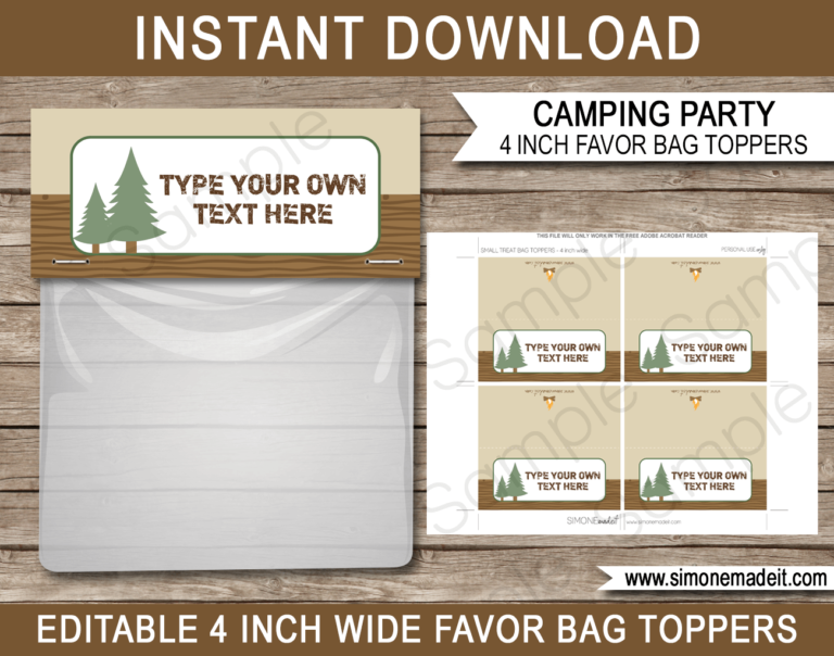Camping Party Favor Bag Toppers Template | Birthday Party Favors