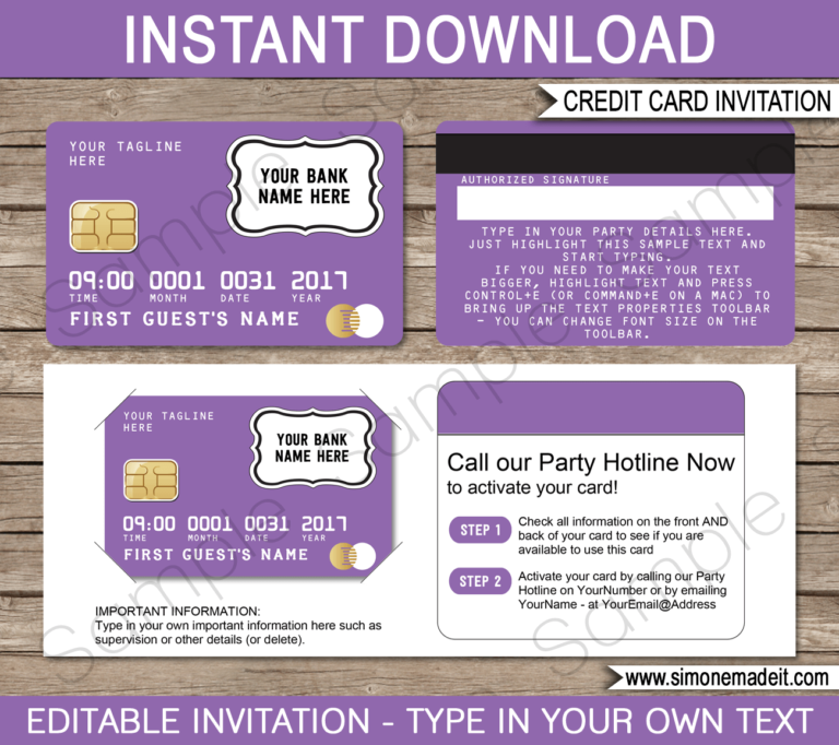 Purple Credit Card Invitations Template | Printable Mall Scavenger Hunt ...