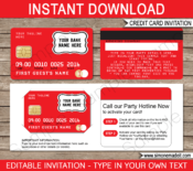 Red Credit Card Invitations Template | Printable Shopping Theme Invites