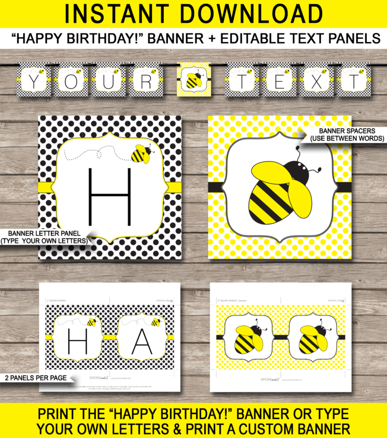 Bee Party Banner Template | Happy Birthday Banner | Editable Bunting