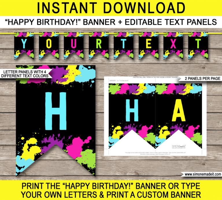 Neon Glow Party Pennant Banner Template | Happy Birthday Banner
