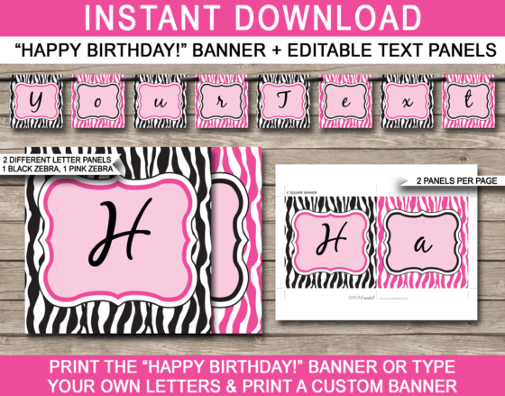 Pink Zebra Birthday Banner Template | Printable Party Pennant Banner