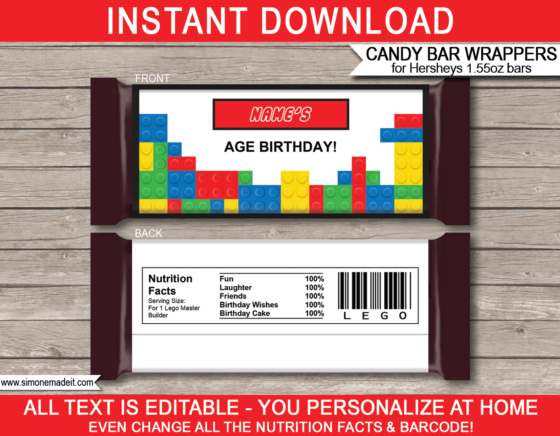 Lego Hershey Candy Bar Wrappers Template | Personalized Candy Bars