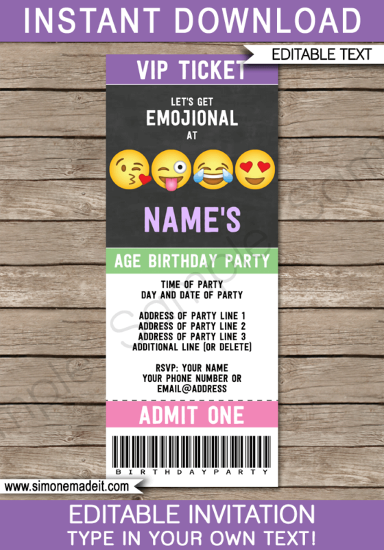 Emoji Party Ticket Invitations Template | Editable Emoji Theme Invite