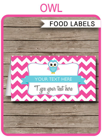 Owl Food Labels | Place Cards | Pink Girls Owl Theme Birthday Party