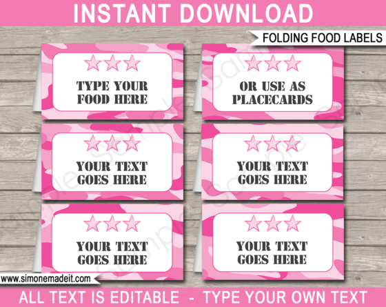 pink Camo Food Labels | Place Cards | Girls Army Theme Party