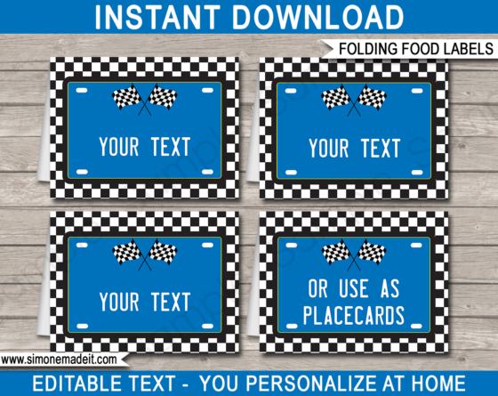 Race Car Theme Food Labels | Blue | Place Cards | Birthday Party