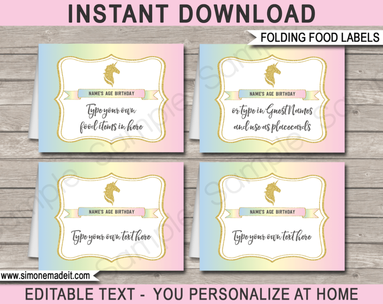 Unicorn Food Labels Template | Place Cards | Birthday Party Theme