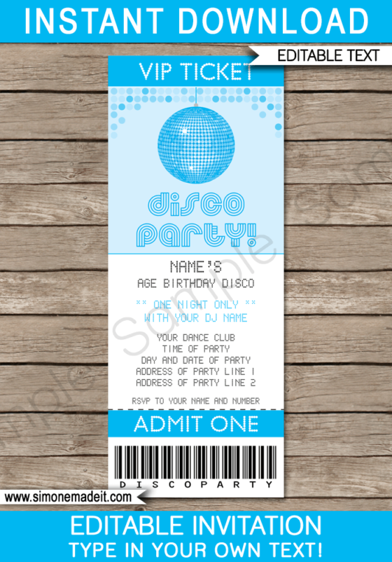 Disco Theme Party Ticket Invitations | Blue | Printable Template