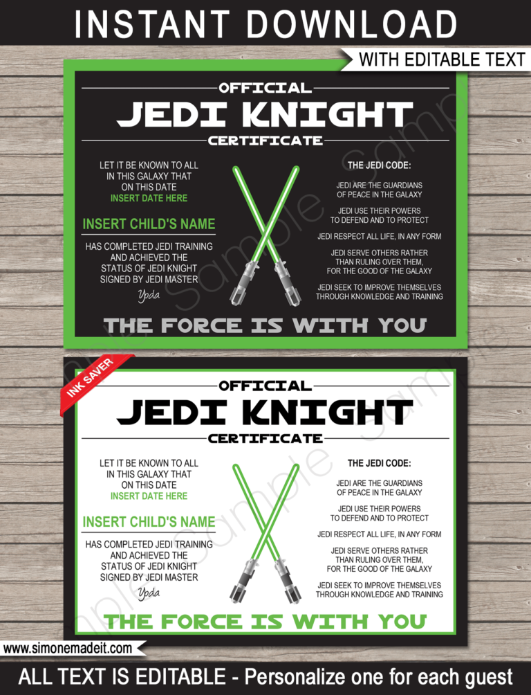 Star Wars Jedi Certificates Template | Star Wars Party Favors | Jedi Knight
