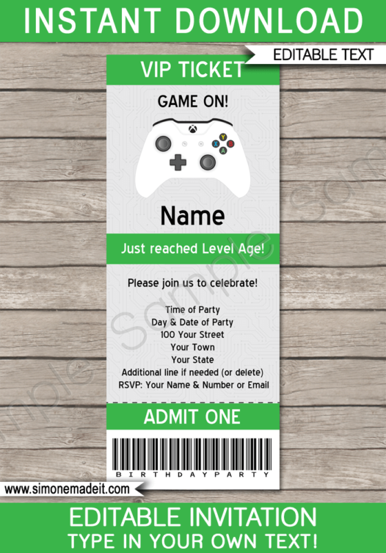 Xbox Party Ticket Invitation Template | Printable Video Game Theme Invite