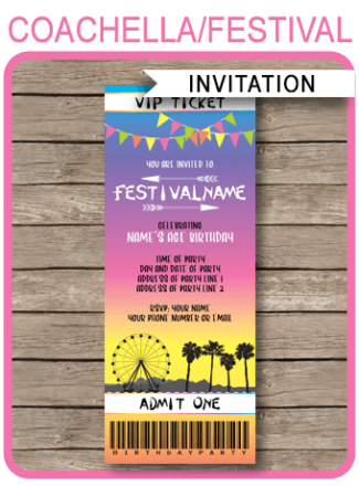 Coachella Themed Party Ticket Invitation Template | Festival Invite