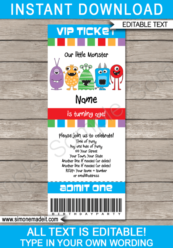 Monster Party Ticket Invitation Template | Monster Birthday Party Invite