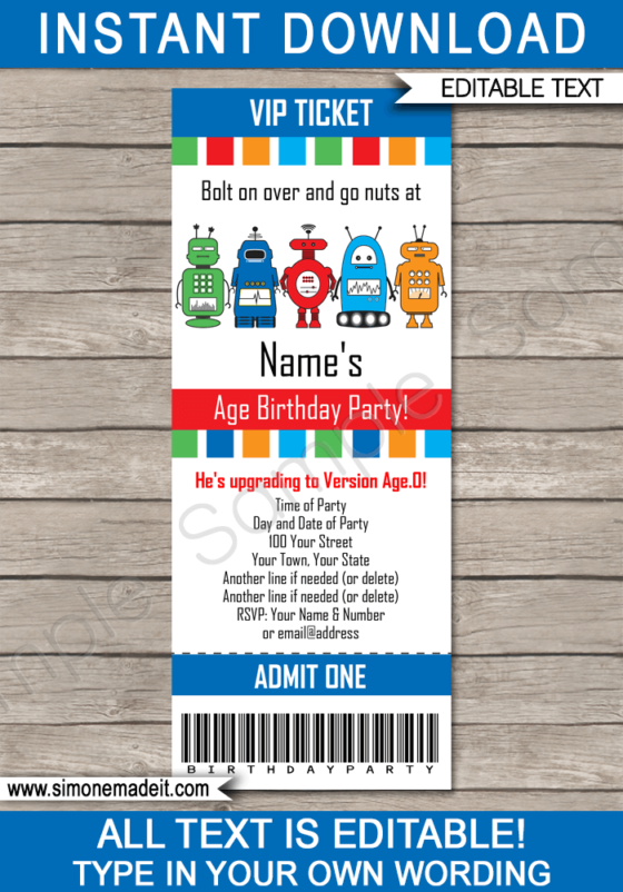 Robot Party Ticket Invitation Template | Robot Birthday Party Invite