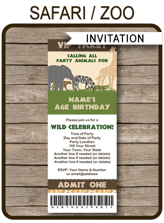 Safari Party Ticket Invitation Template | Zoo, Jungle, Animal Theme Invite