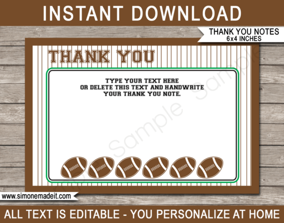 Printable Football Birthday Party Thank You Notes Template