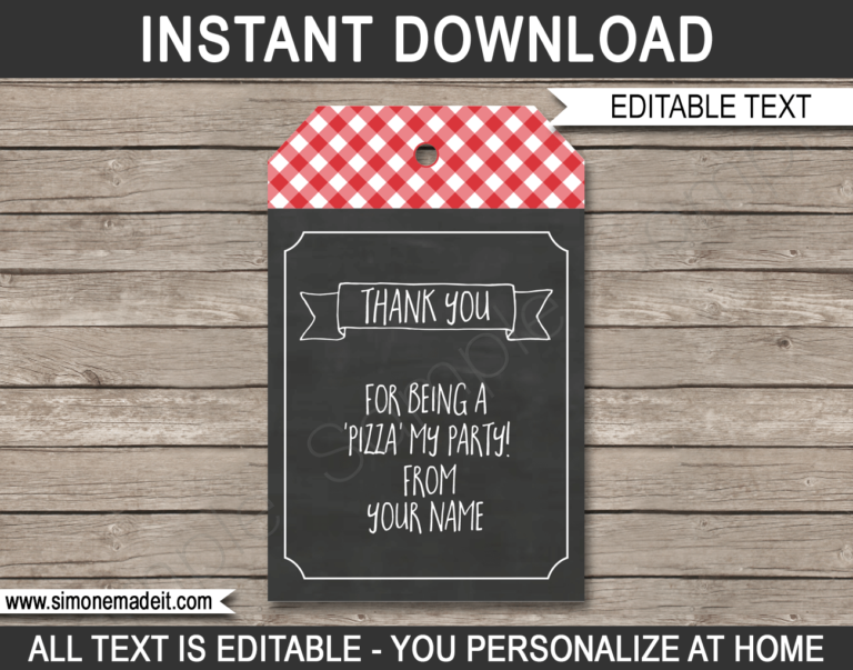 Pizza Party Favor Tags Template | Pizza Thank You Tags | Birthday Party