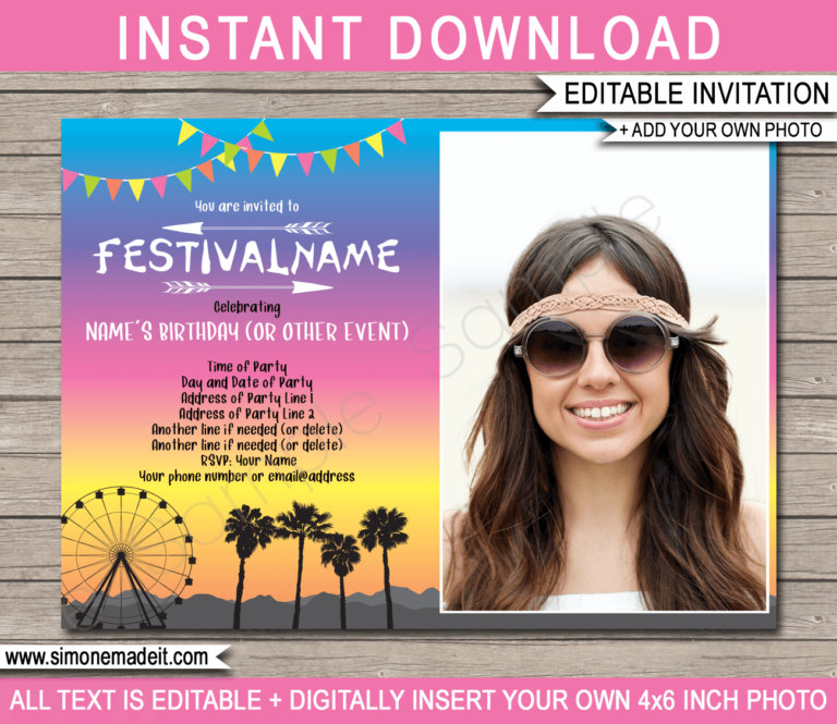 Coachella Photo Invitation Template | Festival Inspired Birthday Invite
