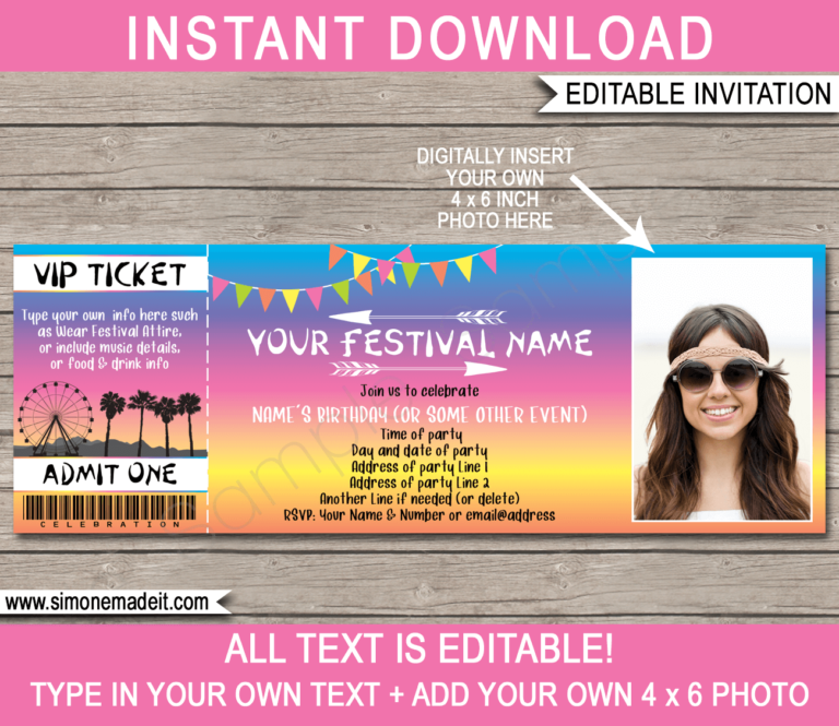 Coachella Themed Photo Ticket Invitation Template | Printable DIY Invite