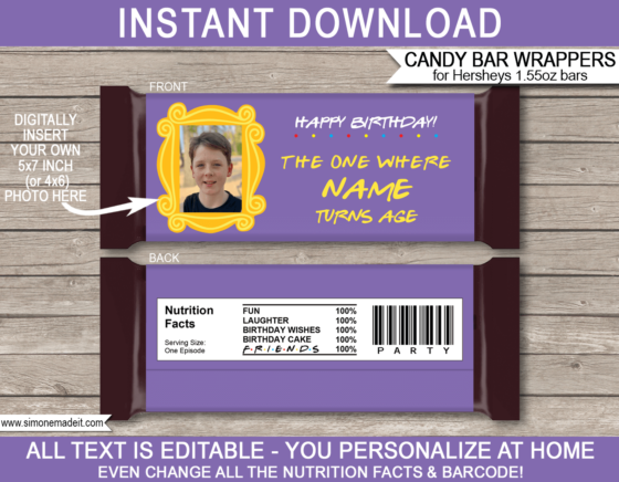 Friends Theme Birthday Candy Bar Wrappers | Personalized Hershey Candy Bars