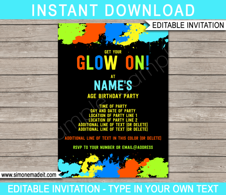 Neon Glow Birthday Invitation Template | Printable Neon Glow Party Invite