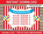 Printable Carnival Concessions Sign Template | Circus Party Decoration