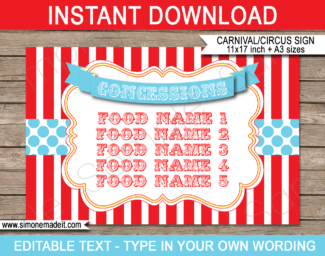 Printable Circus Concessions Sign | Editable Carnival Decoration Template
