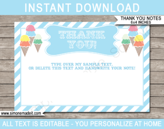 Printable Ice Cream Party Thank You Cards Template | Birthday Party