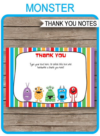Printable Monster Thank You Cards Template | Birthday Party Theme