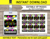 Let's Glow Crazy VIP Passes | Printable Neon Theme Party Template