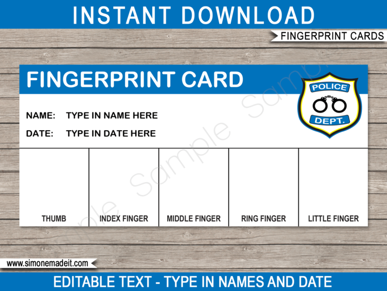 Police Party Fingerprinting Card Template | Printable Police Party Games