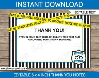 Printable Police Birthday Party Thank You Note Cards | Police Theme Party