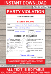 Police Party Violation Notice Template | Birthday Party Printable