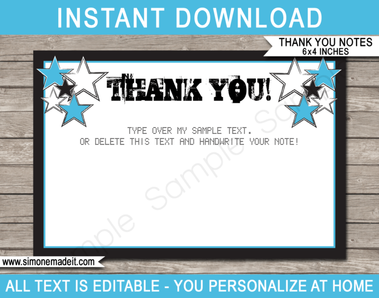 Rockstar Birthday Party Thank You Cards Template | Blue Karaoke Theme