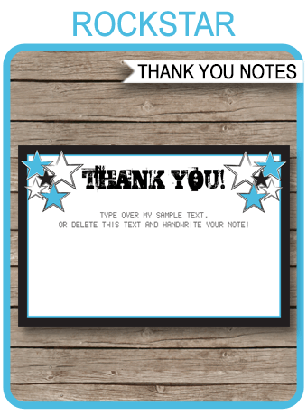 Rockstar Birthday Party Thank You Cards Template | Blue Karaoke Theme