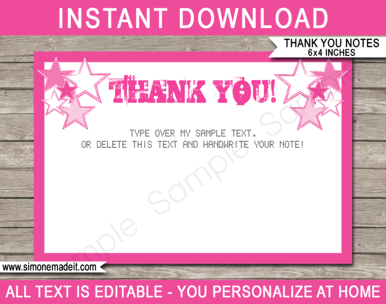 Rockstar Thank You Cards Template | Pink Printable Rock Star Tags
